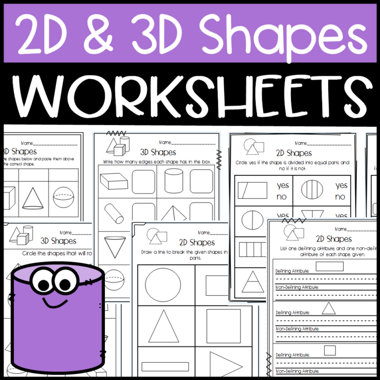 2D and 3D Shape Worksheets: Shape Attributes, Halves, Fourths, Names of ...