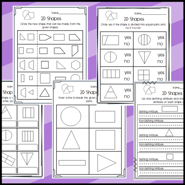 2D and 3D Shape Worksheets: Shape Attributes, Halves, Fourths, Names of ...