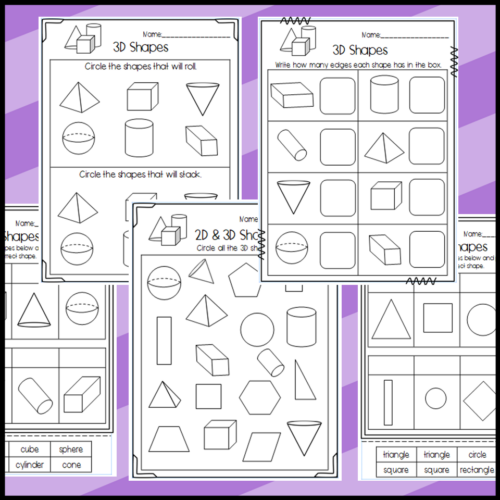2D and 3D Shape Worksheets: Shape Attributes, Halves, Fourths, Names of ...