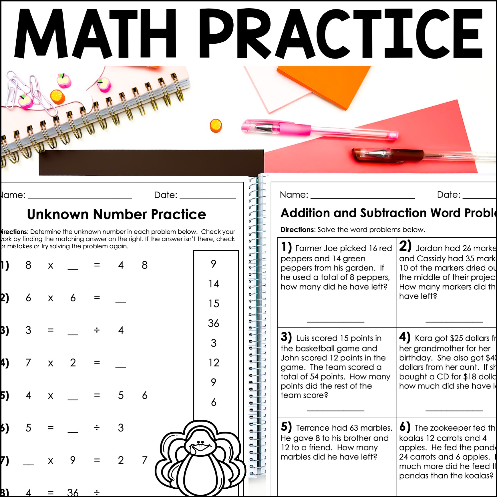 November Math and Reading Packet | 3rd Grade Thanksgiving Activities ...