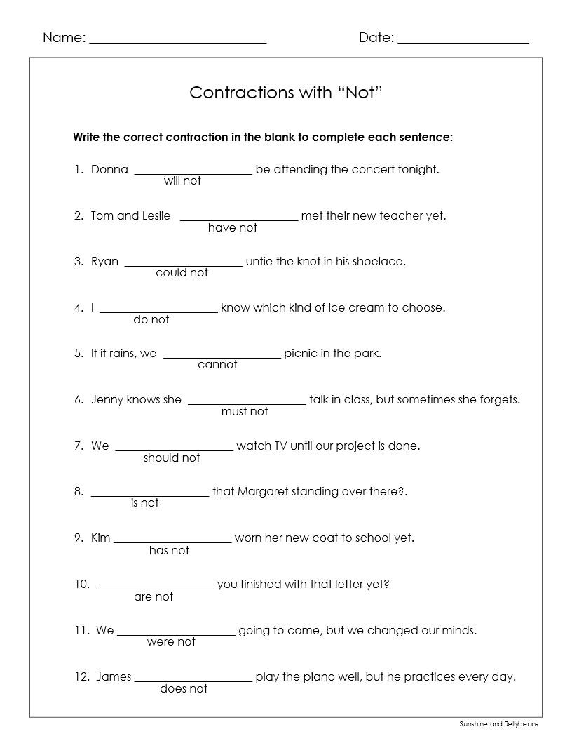 Contractions with "Not" - 16 Contractions - 3 worksheets - Grades 3-4 ...