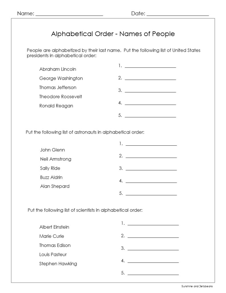 Alphabetical Order - Words, People and Places - 4 worksheets - Grades 2 ...
