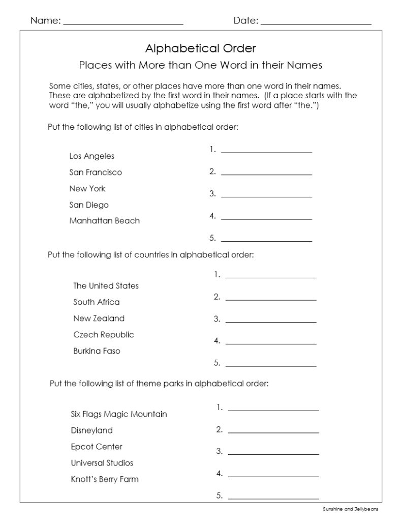 Alphabetical Order - Words, People and Places - 4 worksheets - Grades 2 ...