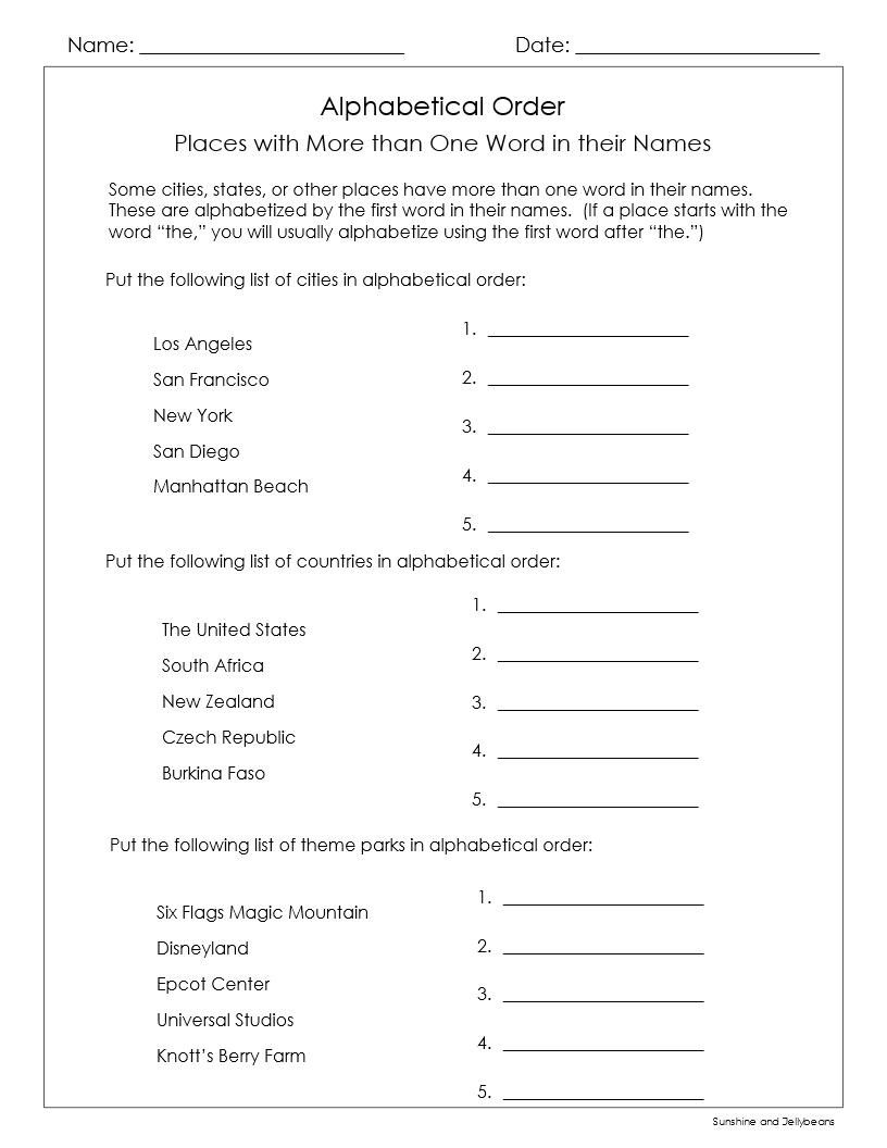 Alphabetical Order - Words, People and Places - 4 worksheets - Grades 2 ...