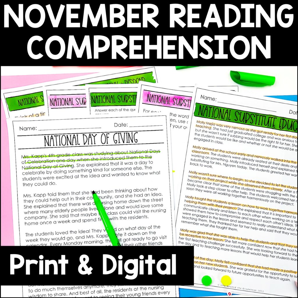 November Reading Comprehension Passages | Monthly Reading Passages ...