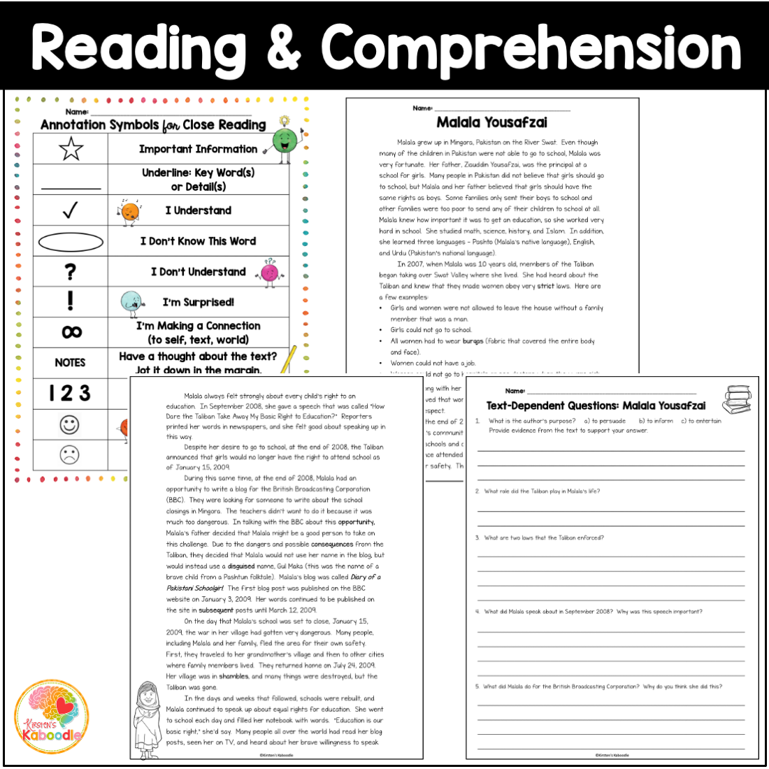 Malala Yousafzai Nonfiction Biography Close Reading Unit Activities ...