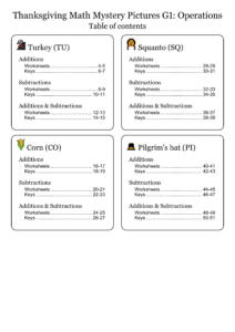 Thanksgiving Math Mystery Pictures Grade 1: Additions Subtractions ...