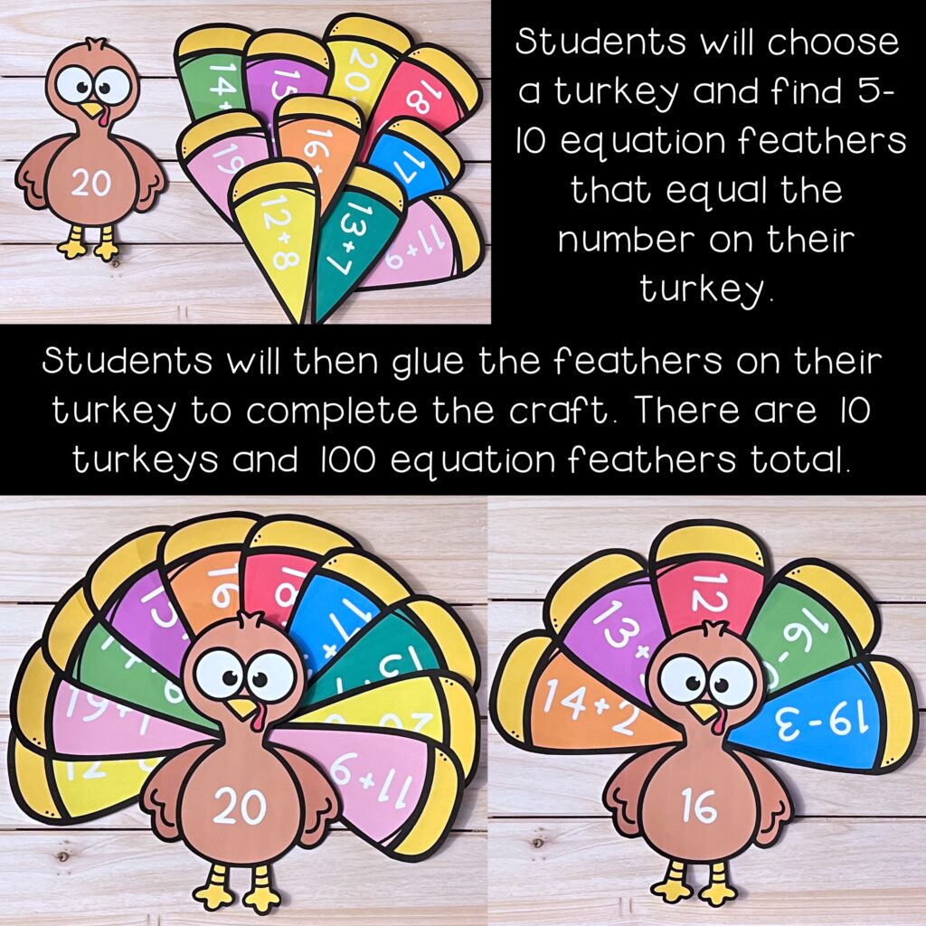 Thanksgiving Math Craft Addition and Subtraction within 20 Turkey ...