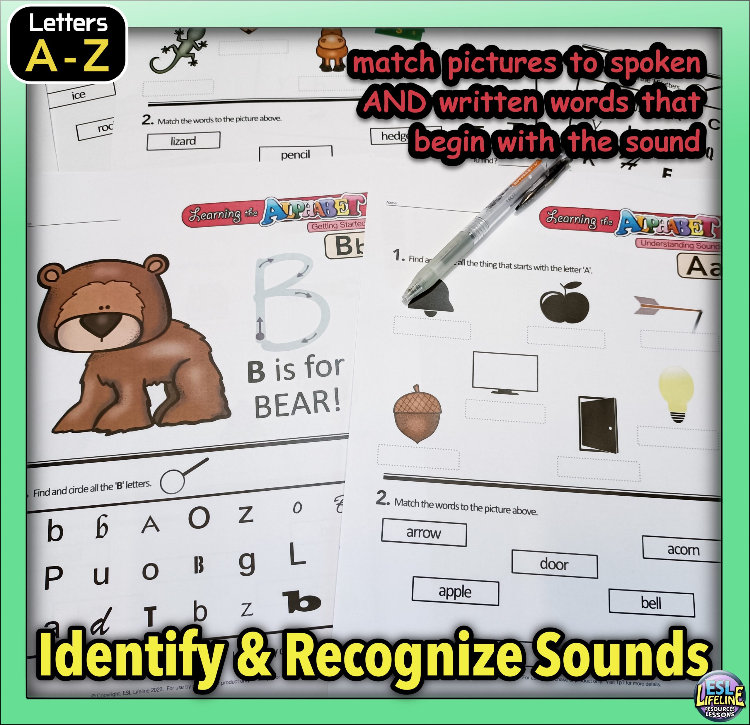 Identify & Recognize Sounds - Alphabet Worksheets for New ELL/ESL Young ...