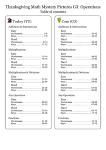 Thanksgiving Math Mystery Pictures Grade 3: Addition Subtraction ...