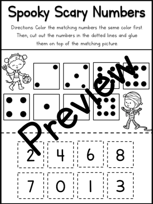 NO PREP Cut, Glue, and Match Numbers Halloween Center Kindergarten VPK ...