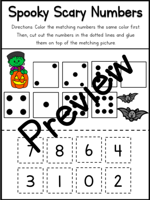NO PREP Cut, Glue, and Match Numbers Halloween Center Kindergarten VPK ...