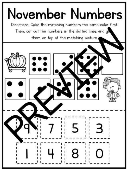 November Numbers Cut, Glue, and Match! October Kindergarten + VPK Math ...