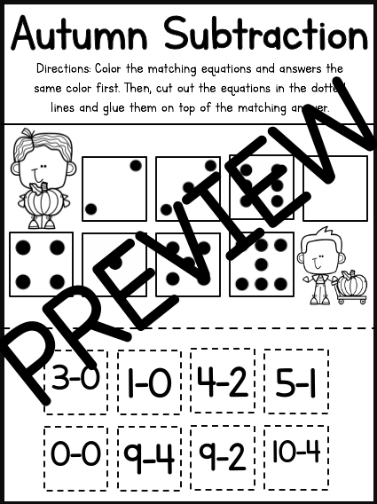 November Subtraction Cut, Glue, and Match! Kindergarten + 1st Math ...