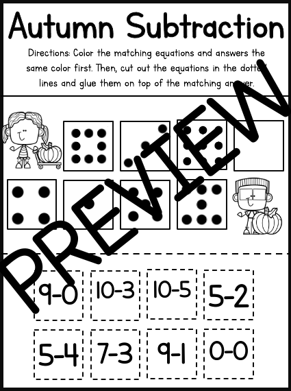 November Subtraction Cut, Glue, and Match! Kindergarten + 1st Math ...
