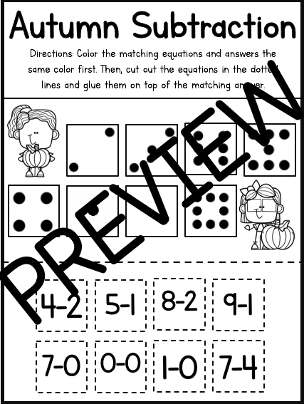 November Subtraction Cut, Glue, and Match! Kindergarten + 1st Math ...
