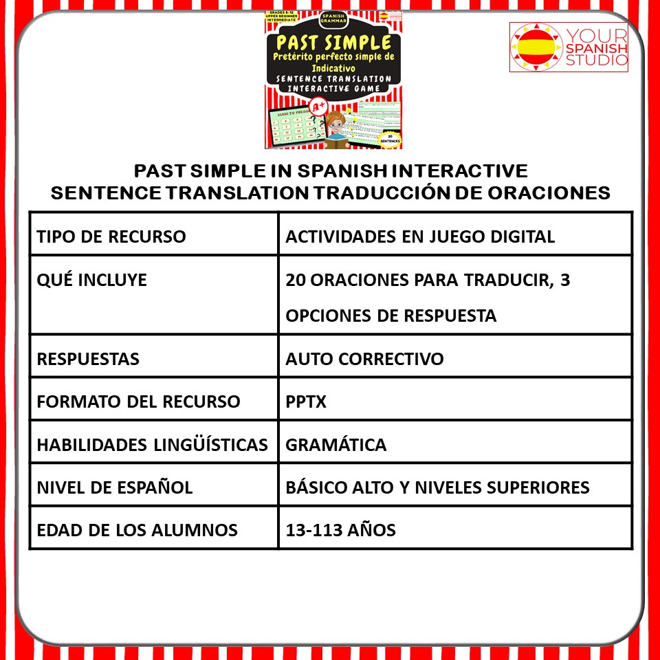 PAST SIMPLE IN SPANISH INTERACTIVE SENTENCE TRANSLATION GAME 20 TASKS ...