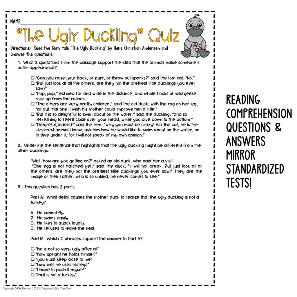 Fairy Tale Reading Comprehension Questions The Ugly Duckling Quiz ...