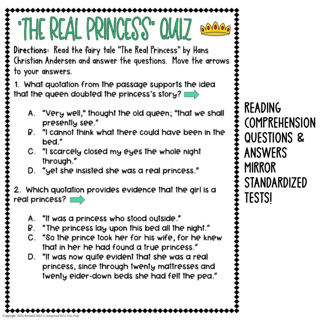 Fairy Tale The Princess and the Pea Activities Reading Passage with ...