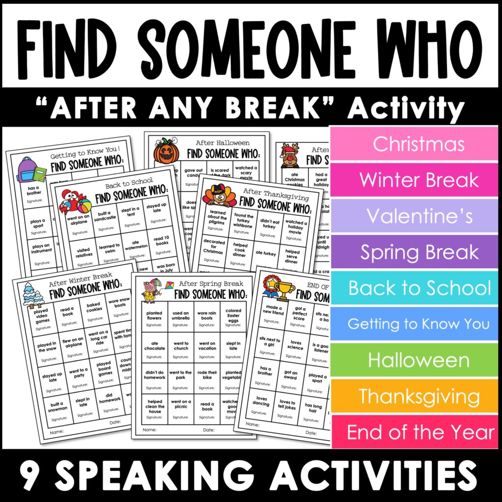 Find Someone Who - Holiday Speaking Activities for After ANY Break ESL ...