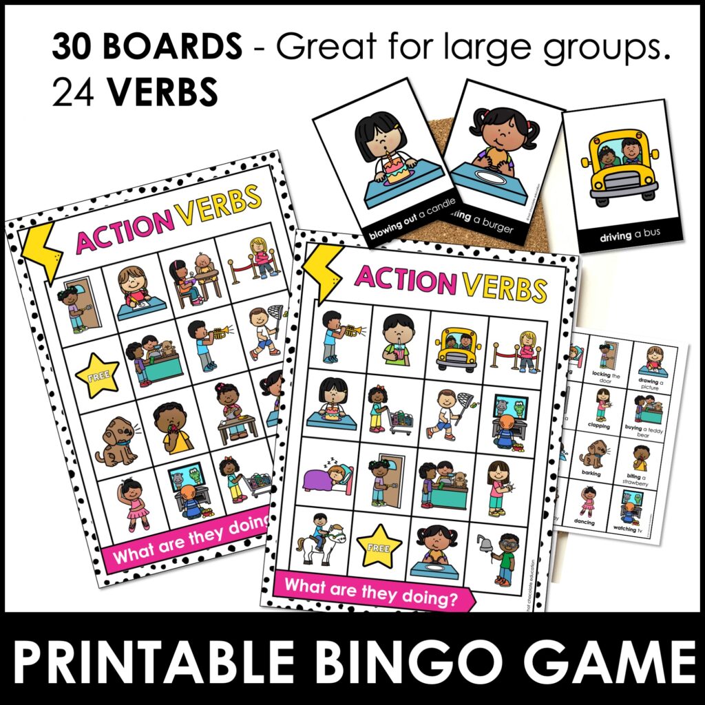 Action Verbs Bingo Game | Classroom Present Tense Verb Activity ...