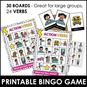 Action Verbs Bingo Game | Classroom Present Tense Verb Activity ...
