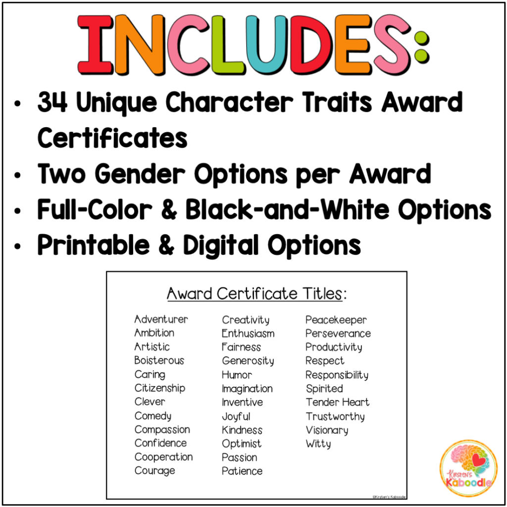 Character Traits Awards Certificates for Kinder-3rd Grade | Made By ...