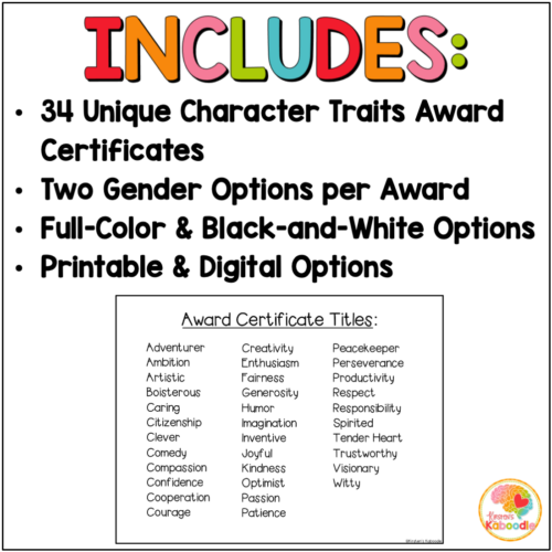 Character Traits Awards Certificates for Kinder-3rd Grade | Made By ...