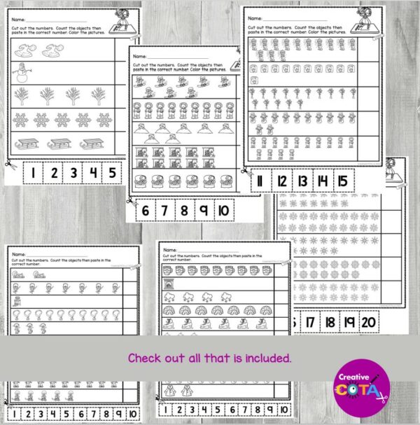 No Prep Winter Kindergarten Math Cut and Paste Worksheets Numbers 1-20 ...