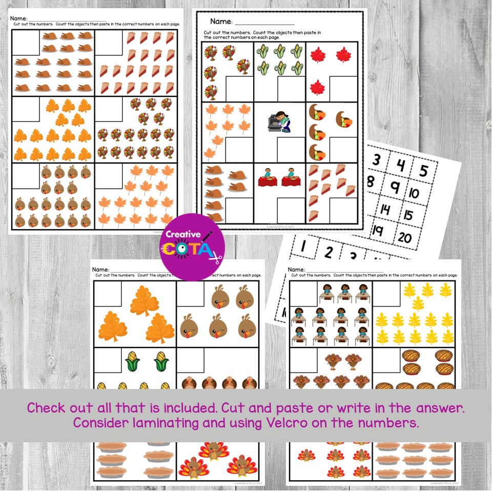 No Prep Thanksgiving Math Worksheets Numbers 1-20 | Made By Teachers