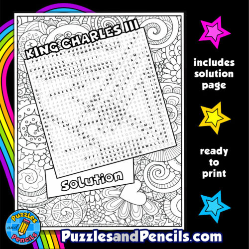 King Charles III Word Search Puzzle Activity Page with Coloring ...