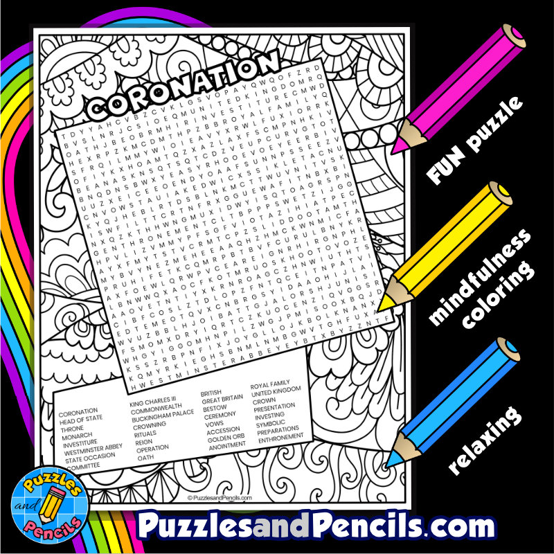 Coronation Word Search Puzzle Activity Page with Coloring| British ...