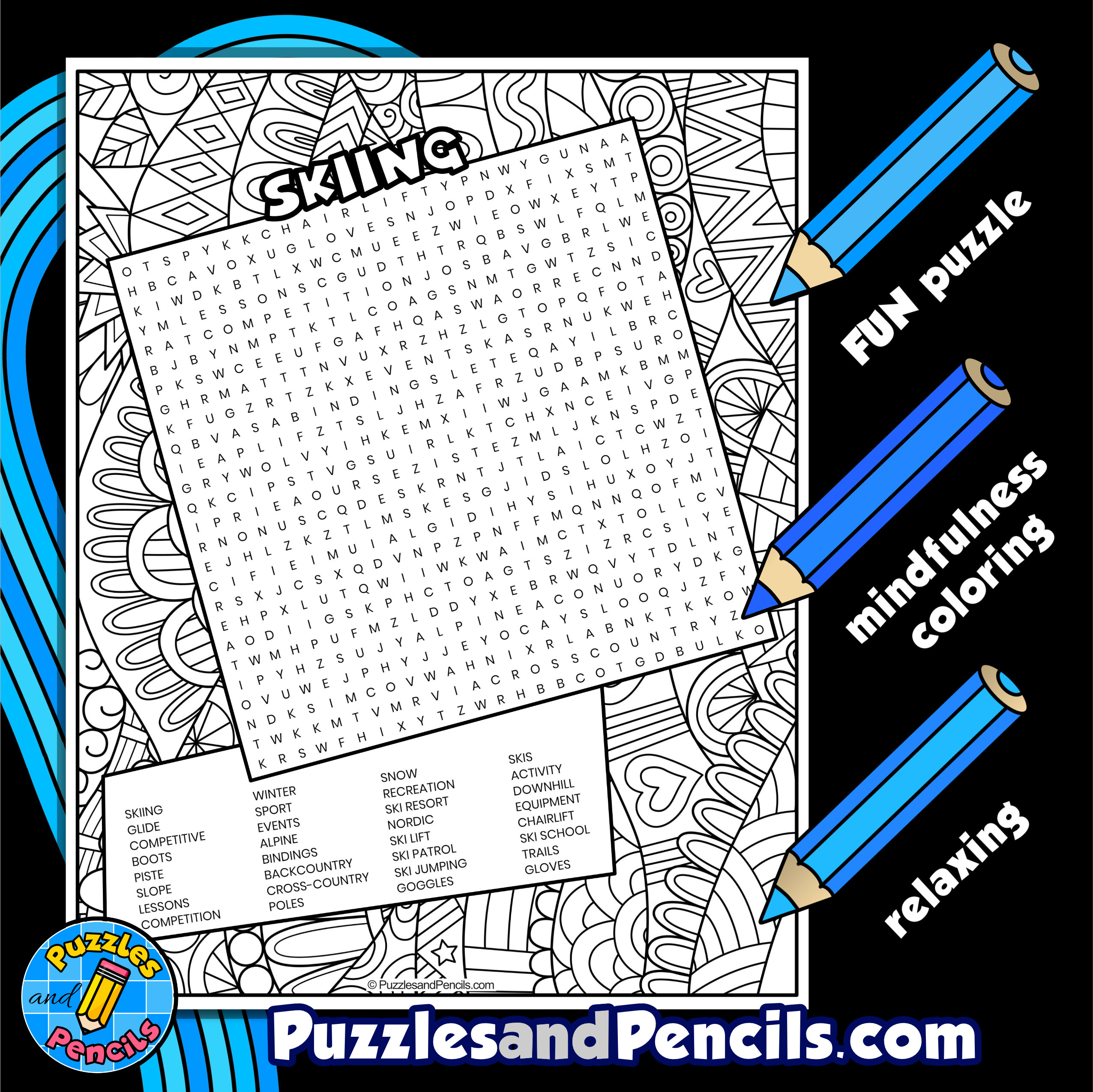 Skiing Word Search Puzzle Activity Page with Coloring | Seasons ...