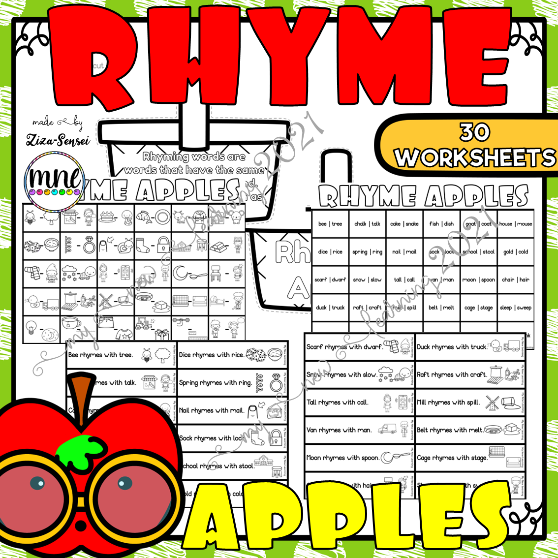 Rhyming Words Phonics Apple Rhymes Worksheets Pack | Made By Teachers