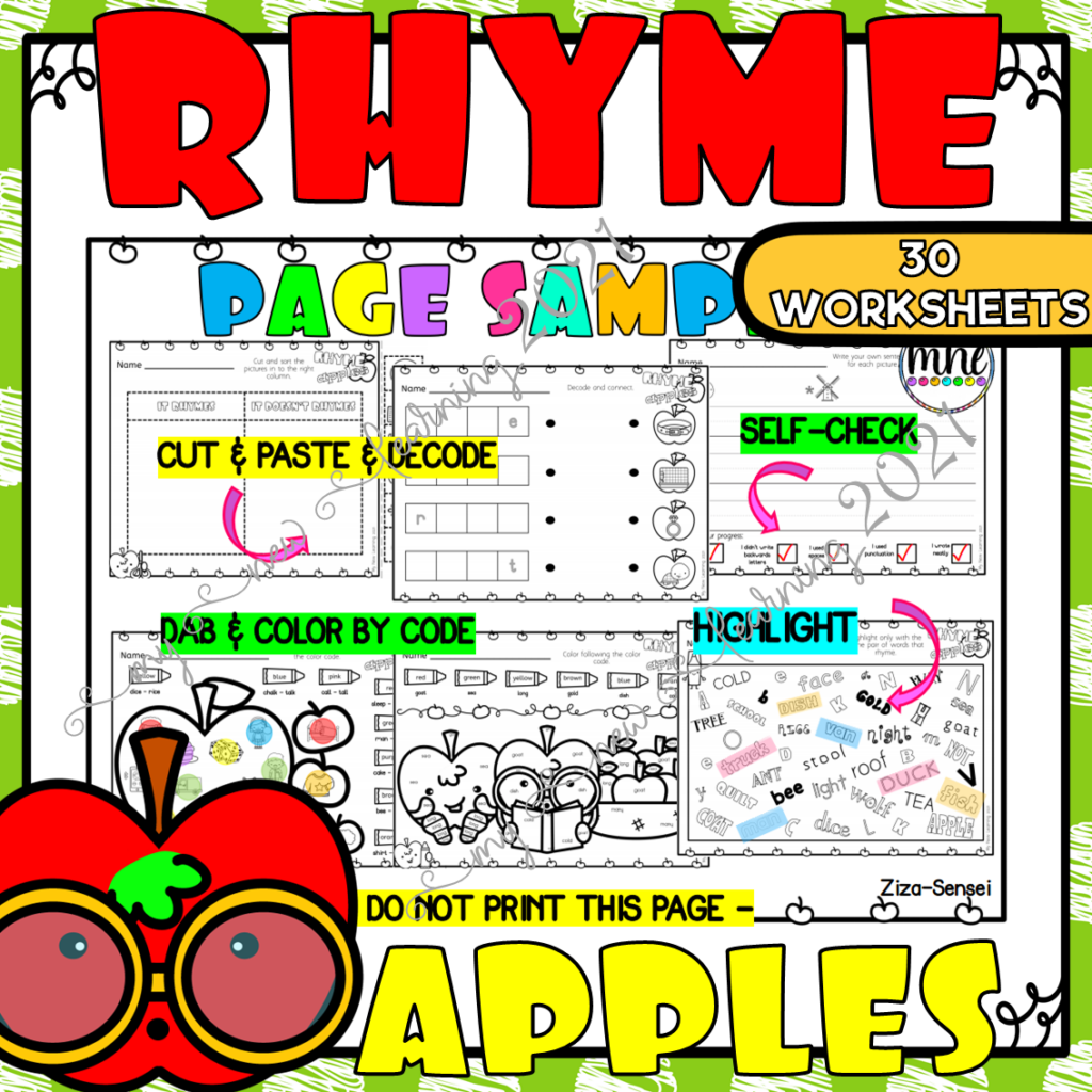 Rhyming Words Phonics Apple Rhymes Worksheets Pack - Made By Teachers