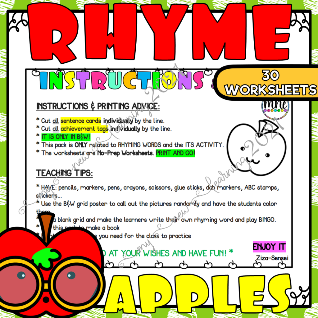Rhyming Words Phonics Apple Rhymes Worksheets Pack - Made By Teachers