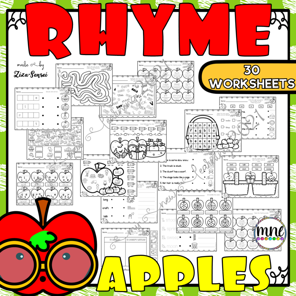 Rhyming Words Rhyme Apples Match-up No-Prep Worksheets Phonemic BUNDLE ...