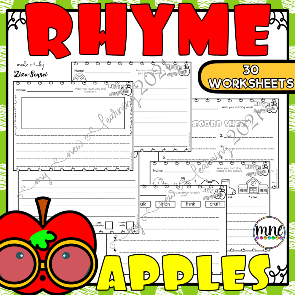 Rhyming Words Rhyme Apples Match-up No-Prep Worksheets Phonemic BUNDLE ...