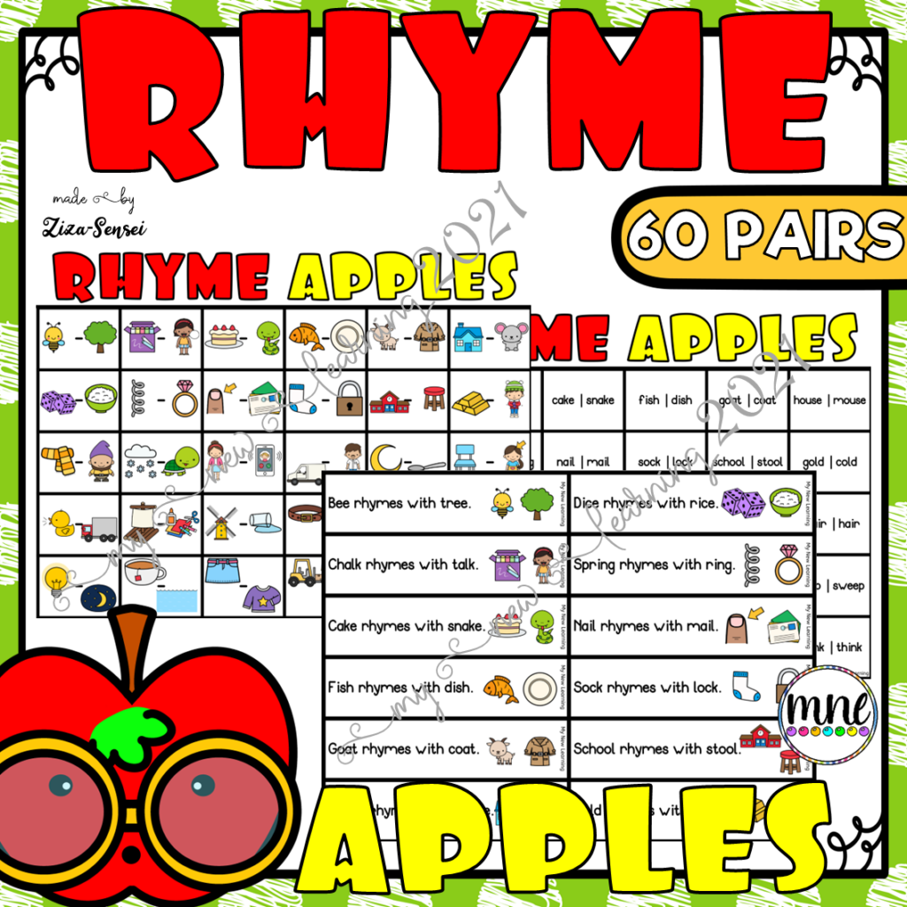 Rhyming Words Rhyme Apples Match-up No-Prep Worksheets Phonemic BUNDLE ...