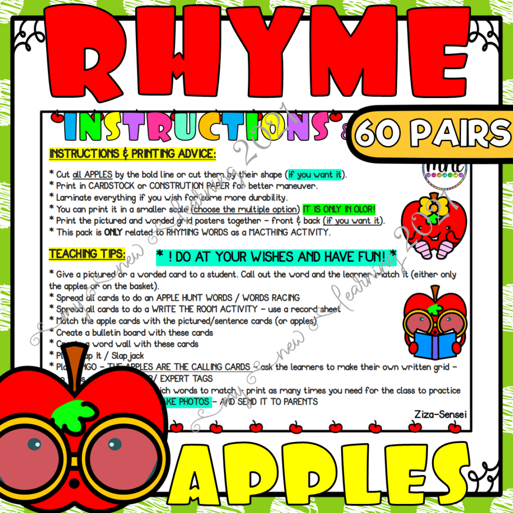 Rhyming Words Rhyme Apples Match-up No-Prep Worksheets Phonemic BUNDLE ...
