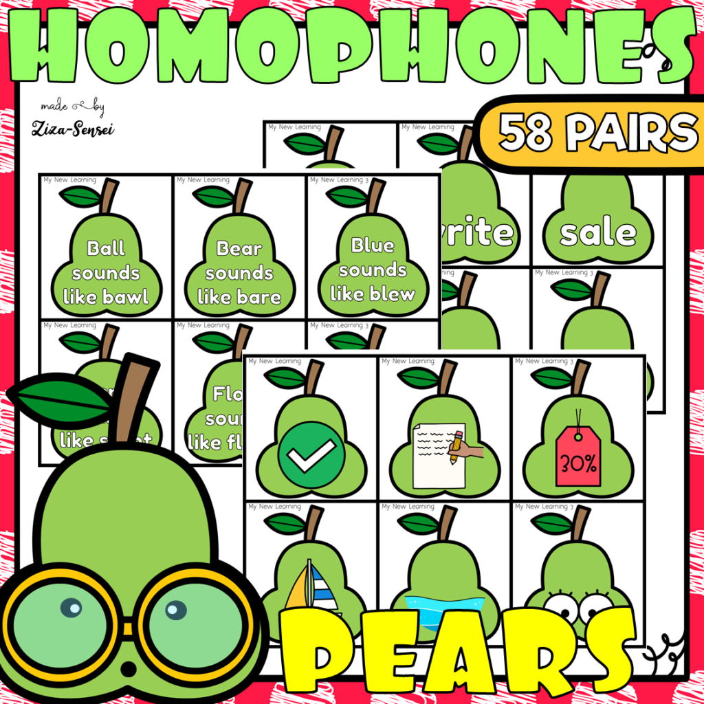 Homophone Words Phonics Matching Pear Pairs Theme Phonemic Awareness ...