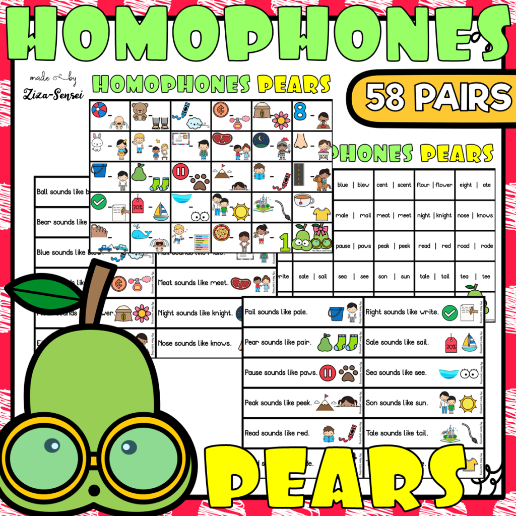 Homophone Words Phonics Matching Pear Pairs Theme Phonemic Awareness ...