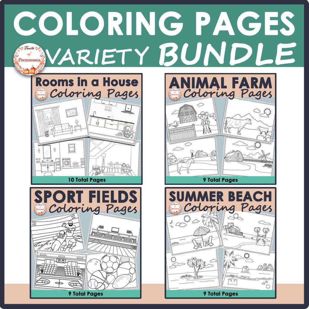 Variety of Coloring Pages Bundle | Rooms Farm Summer and Sports | Made ...