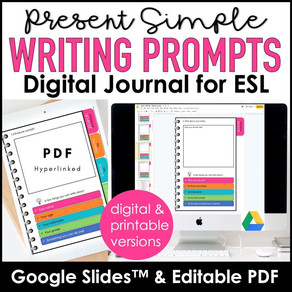 ESL Present Simple Writing Prompts Digital Notebook | + Editable ...