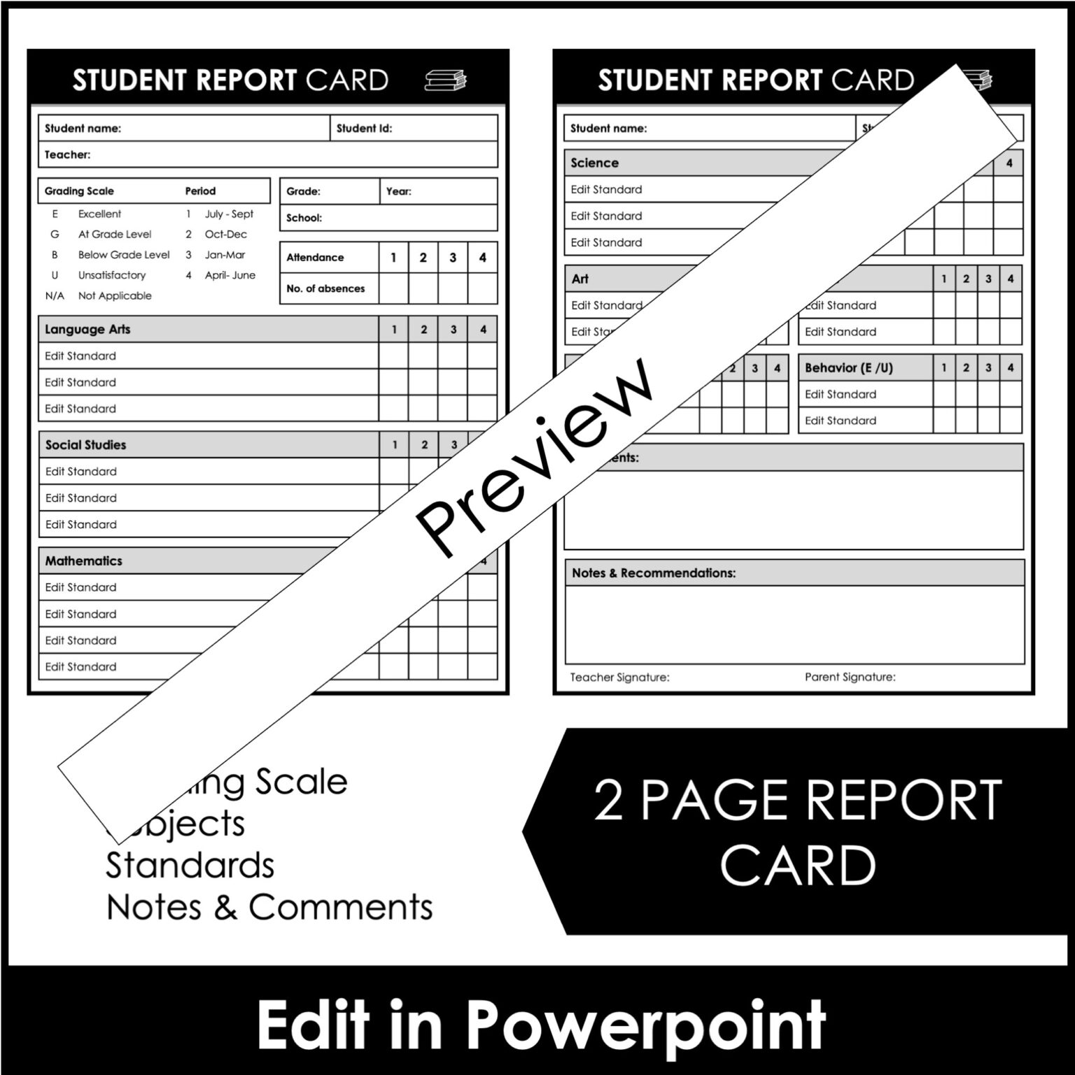 Editable Report Card Templates - For ANY Grade & Subjects - PowerPoint ...