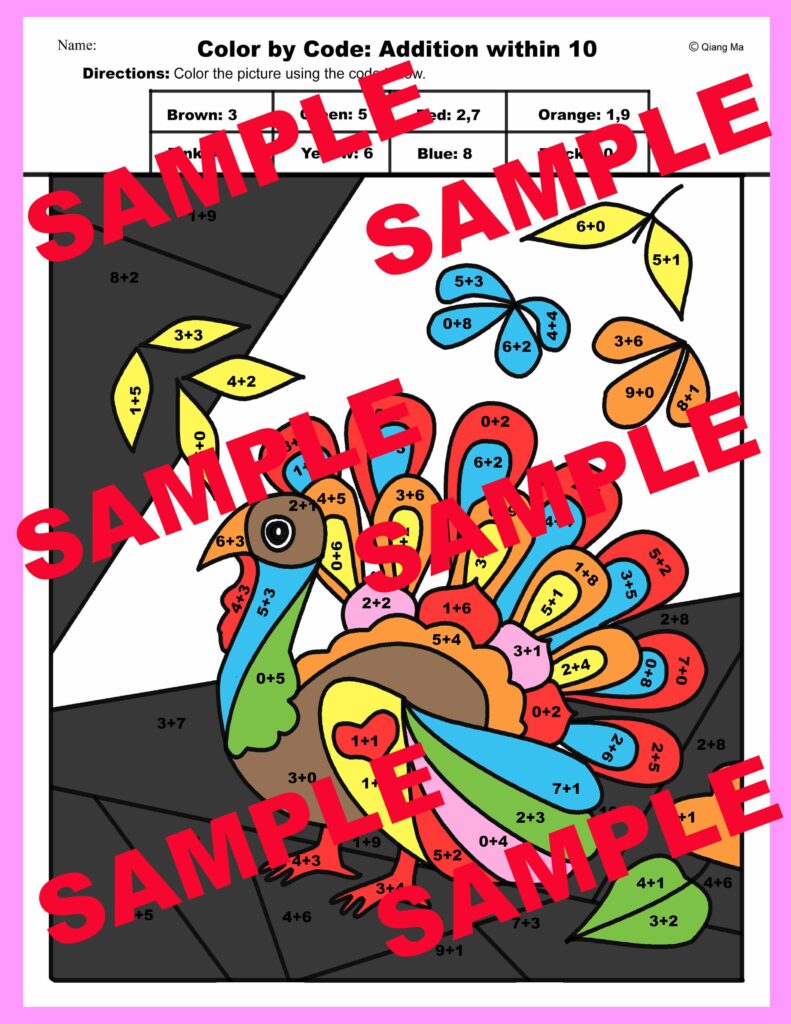 Color by Code: Thanksgiving Math Fact Add and Subtract within 20 | Made ...