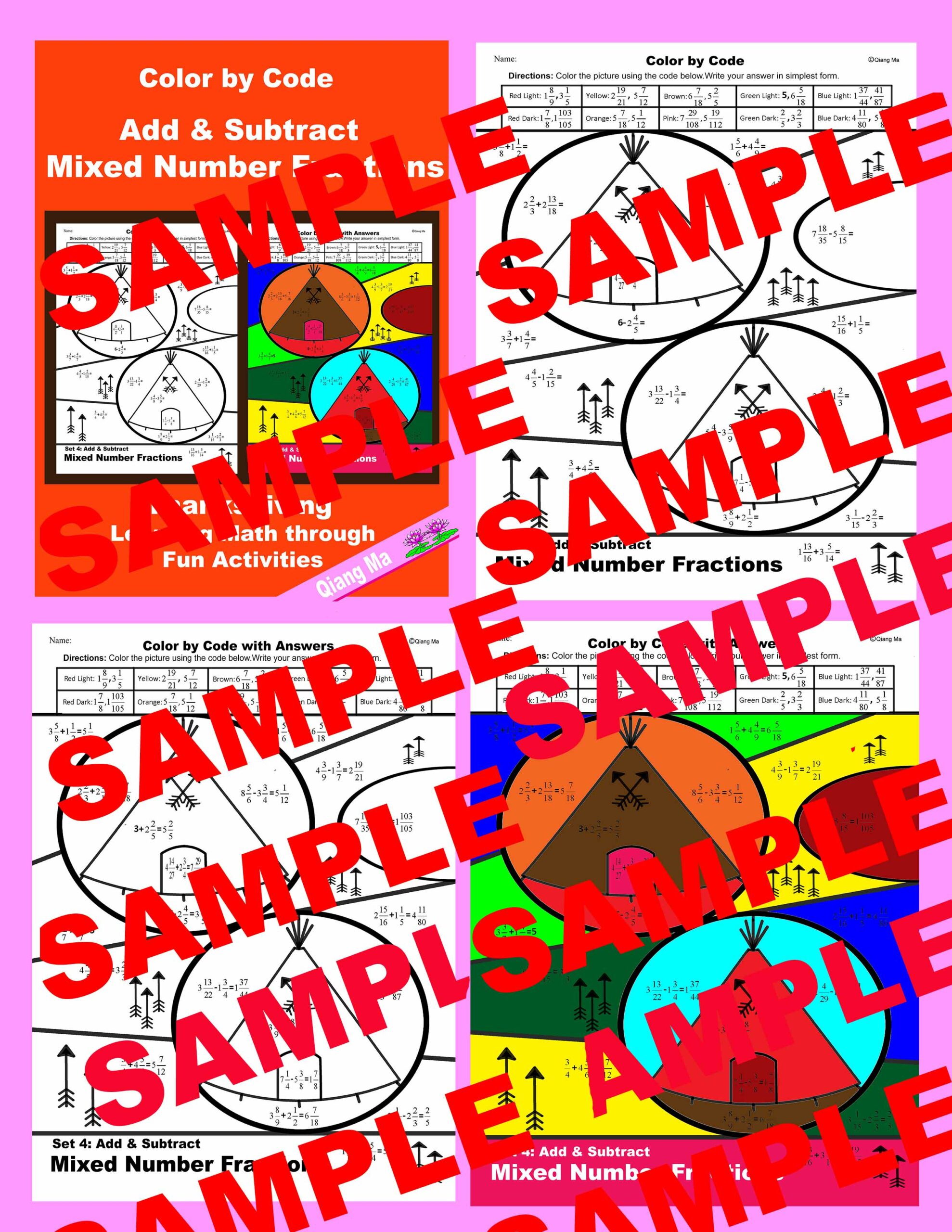 Thanksgiving Color by Code: Add and Subtract Mixed Number Fractions | Made By Teachers