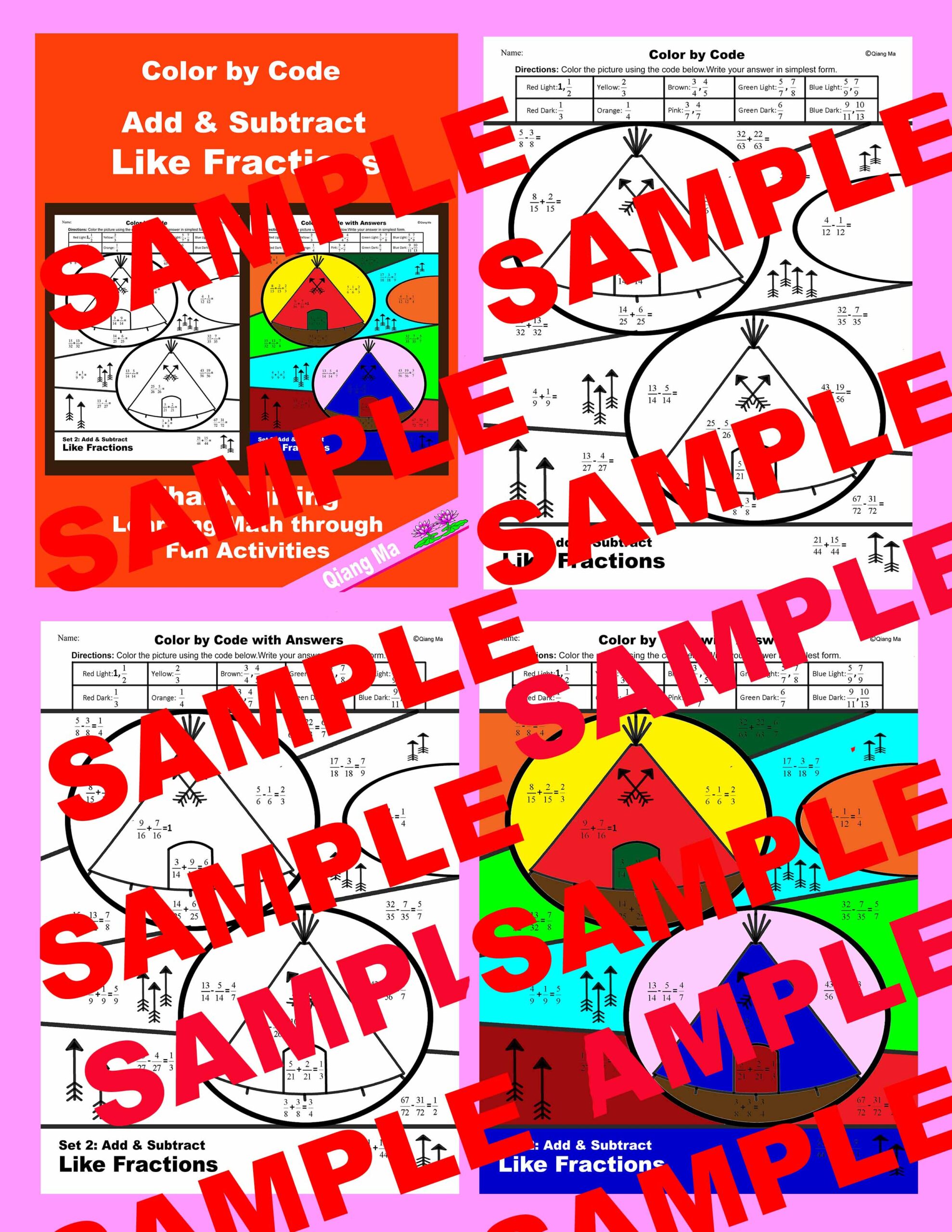 Thanksgiving Color by Code: Add and Subtract Like Fractions | Made By ...