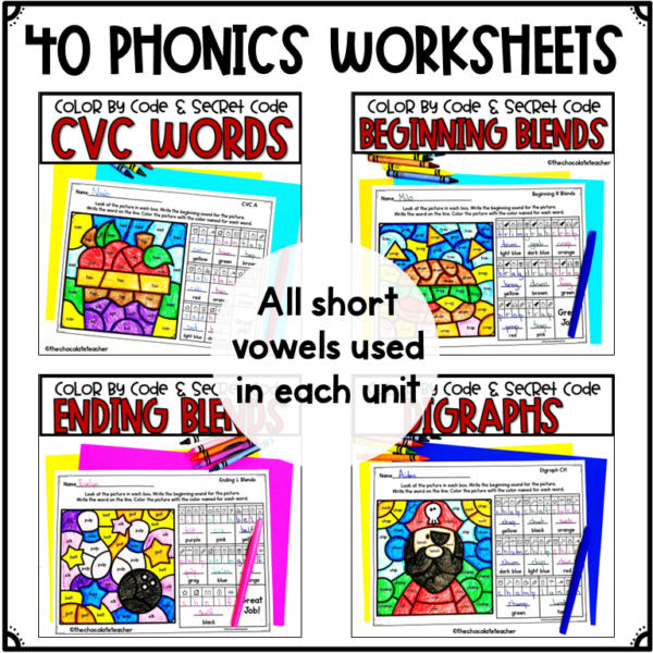 Short Vowel Phonics Worksheets - Color by Code - CVC, Blends, Digraphs ...