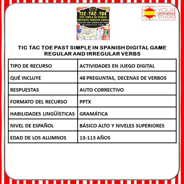 TIC TAC TOE PAST SIMPLE IN SPANISH DIGITAL GAME REGULAR AND IRREGULAR ...